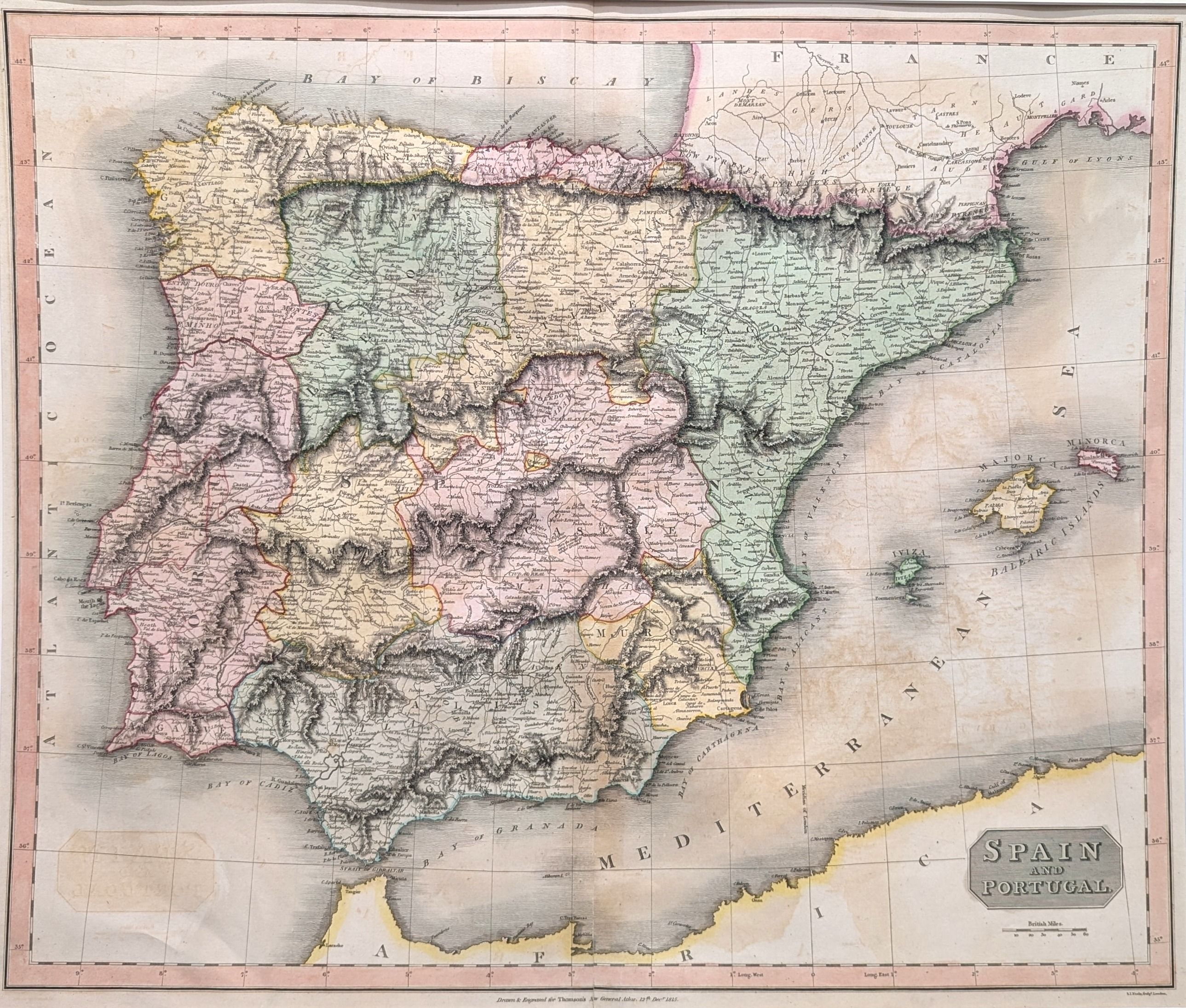 Spain and Portugal. Original antique map drawn and engraved for Thomson ...